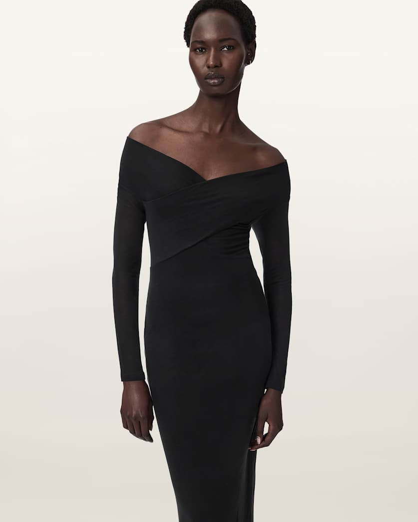 Delta Bodycon Jersey Midi Dress Black | ALLSAINTS